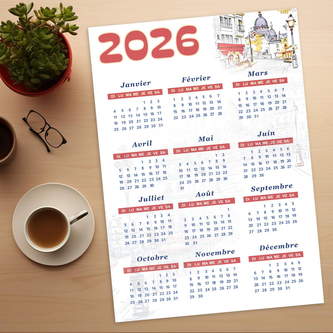 2026 French Calendar Printable: Paris Theme, Sunday Start (A3/A4 PDF ...