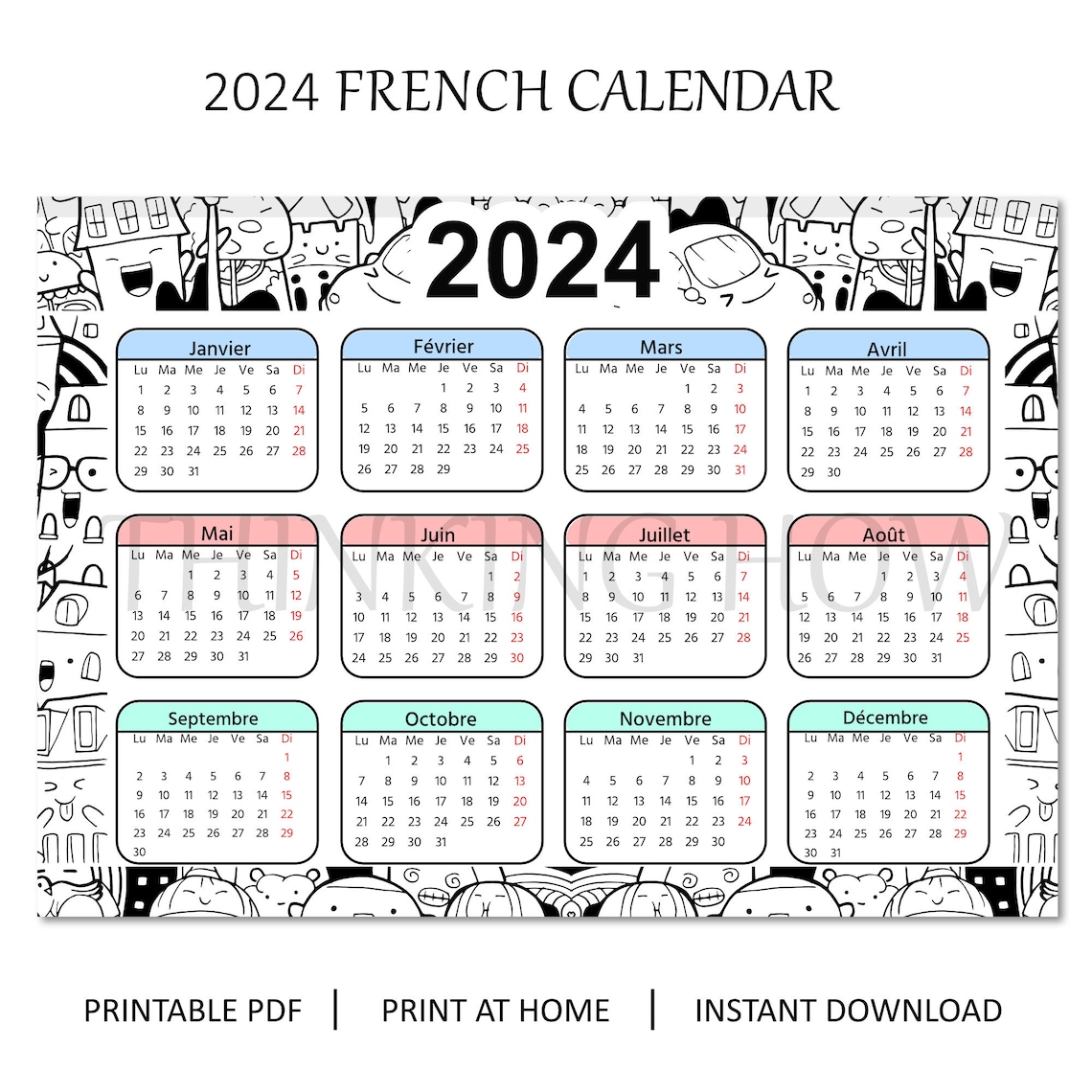 2024 French Doodle Calendar Digital Download, Printable Planner ...