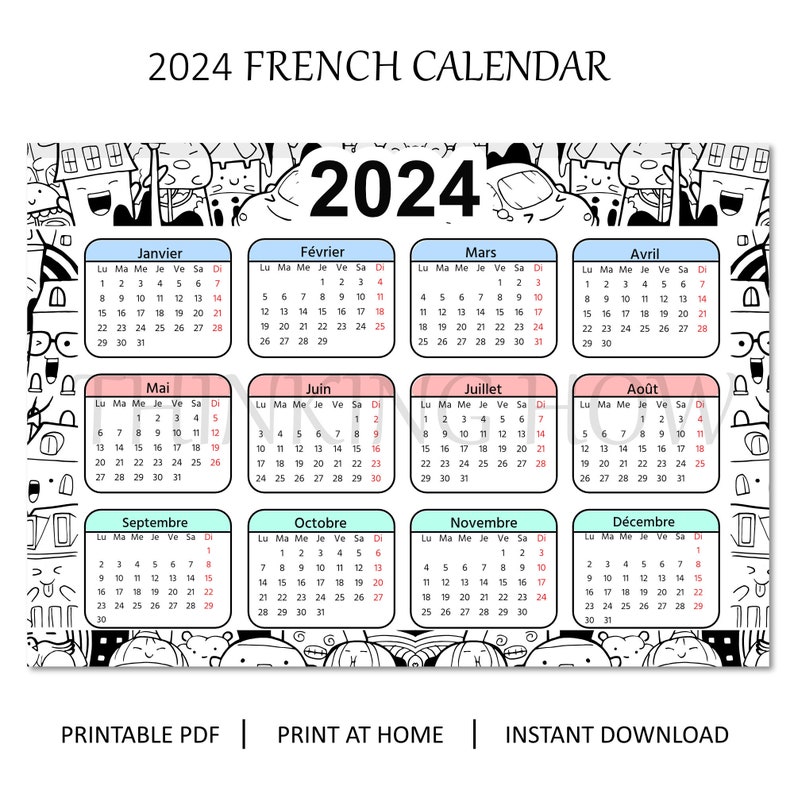 2024 French Doodle Calendar Digital Download, Printable Planner ...