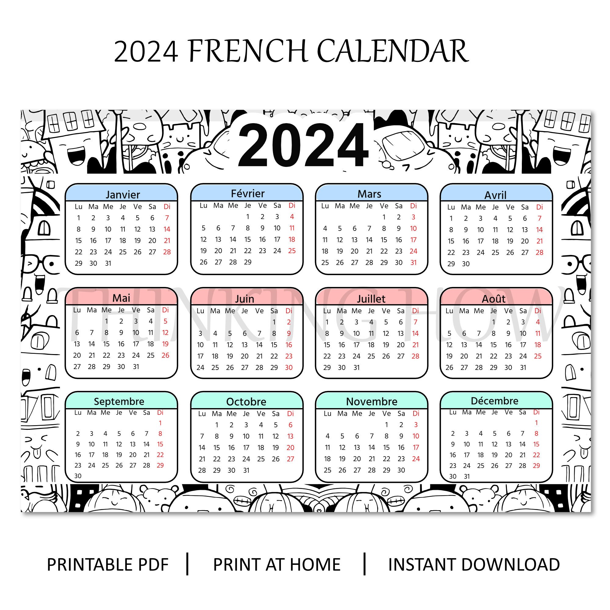 2024 French Doodle Calendar Digital Download, Printable Planner ...