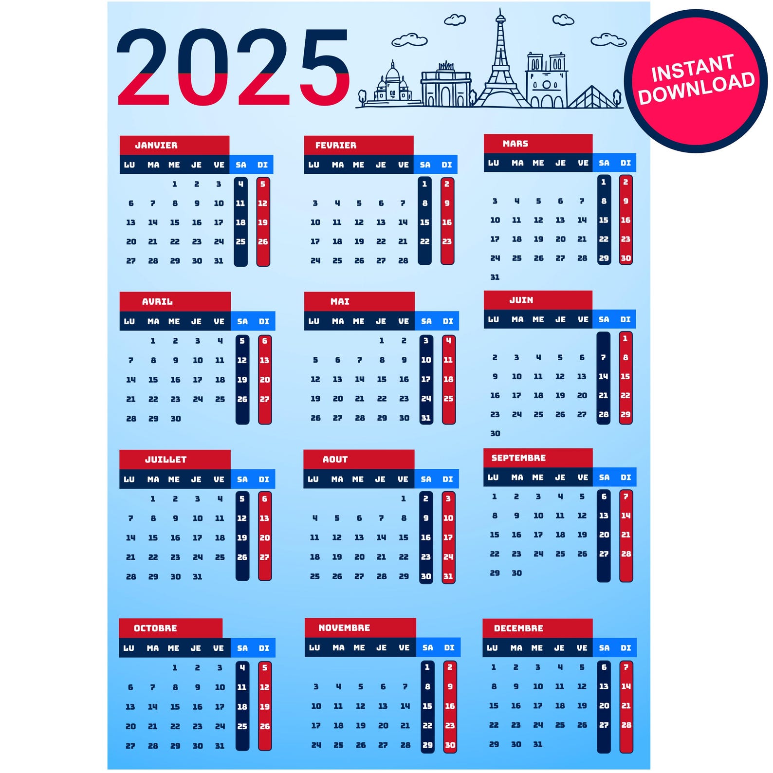 French 2025 New Year Calendar Digital Download (ready to Print A3, A4 ...