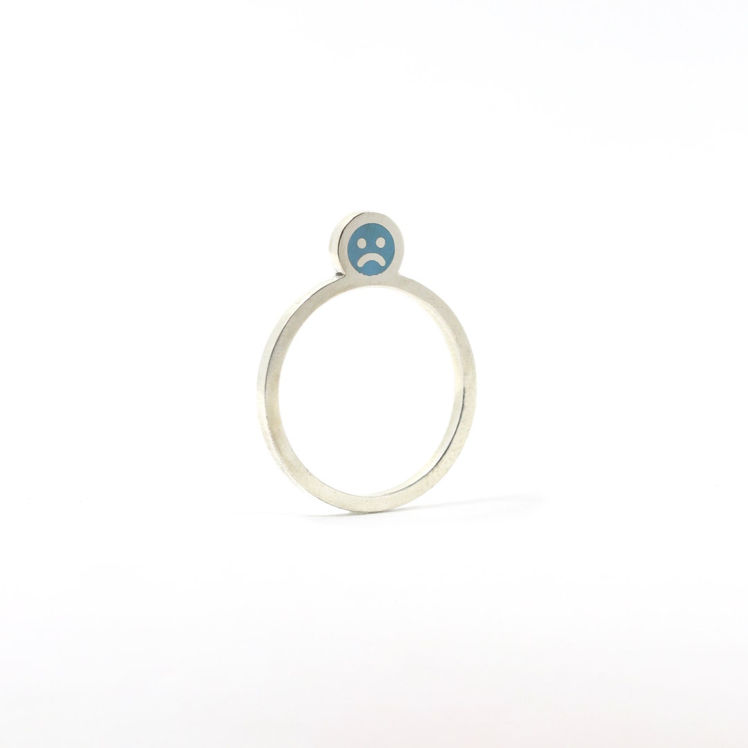 Sad Face Flat Silver Ring With Enamel - Etsy