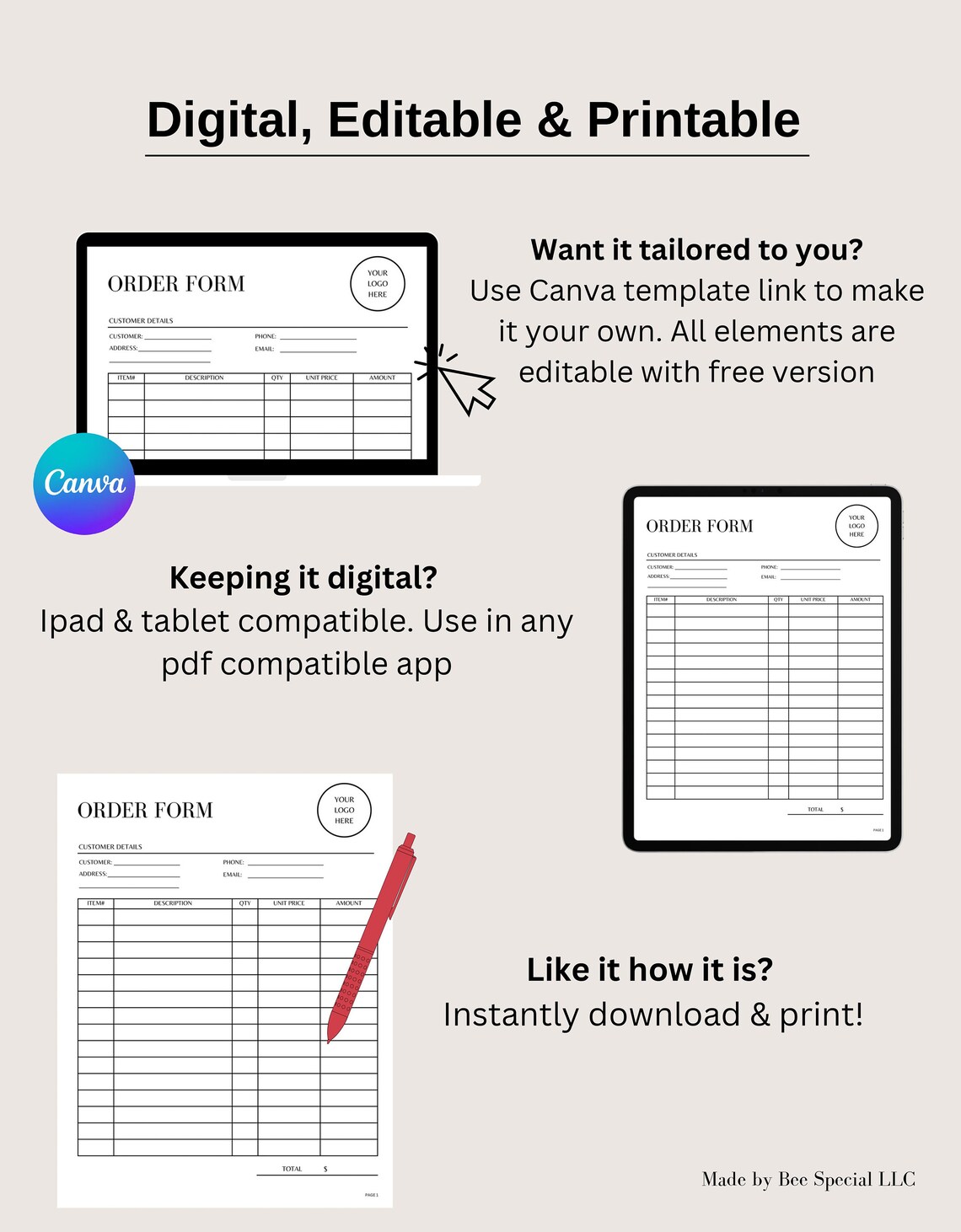 Large Order Form Template, Order Tracker, Purchase Order Form, Custom ...