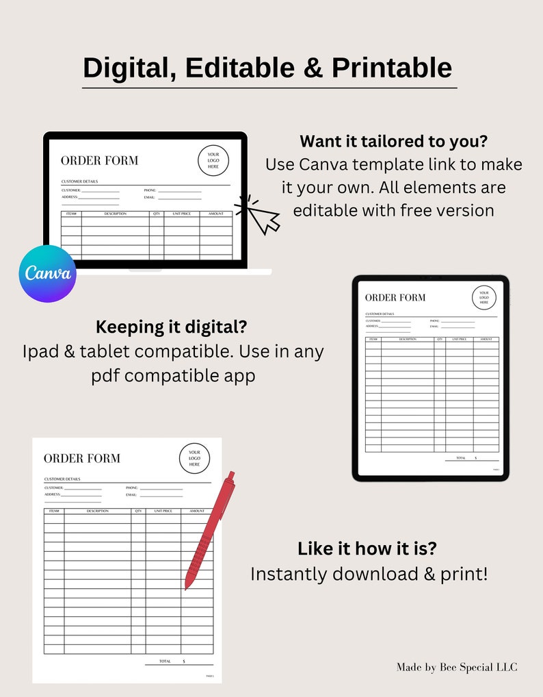 Large Order Form Template, Order Tracker, Purchase Order Form, Custom ...