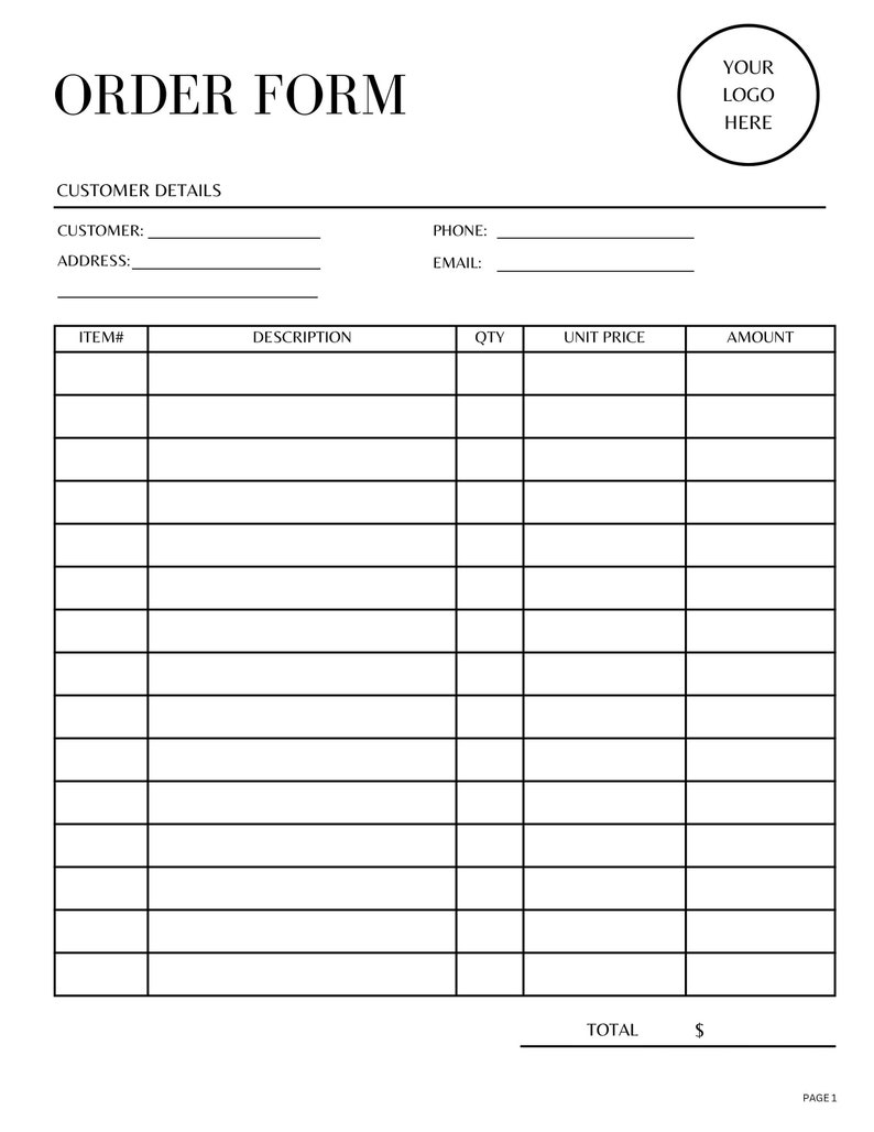 Large Order Form Template, Order Tracker, Purchase Order Form, Custom ...