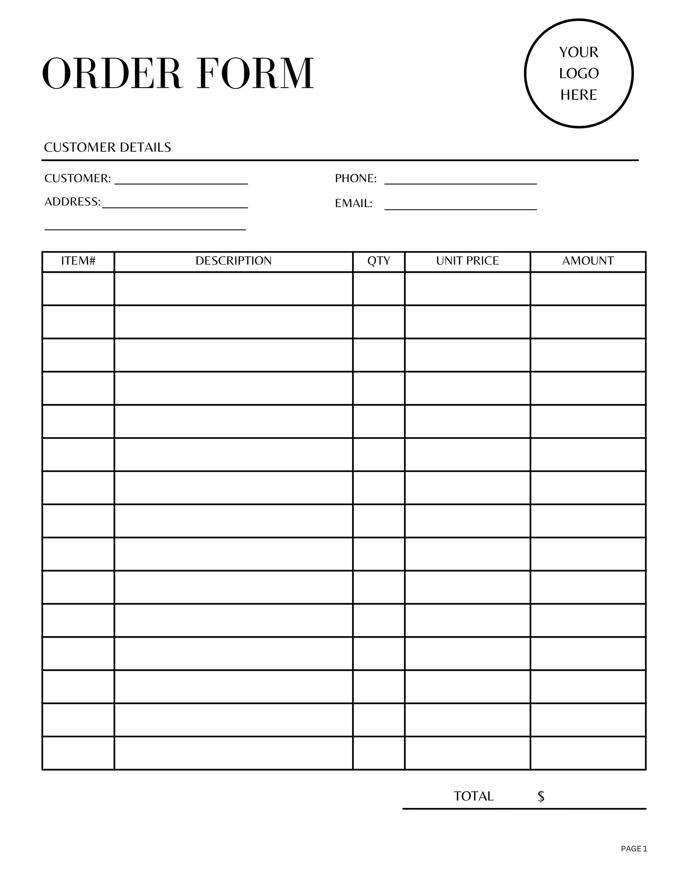 Large Order Form Template, Order Tracker, Purchase Order Form, Custom ...