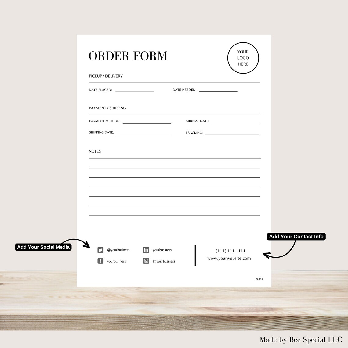 Large Order Form Template, Order Tracker, Purchase Order Form, Custom ...