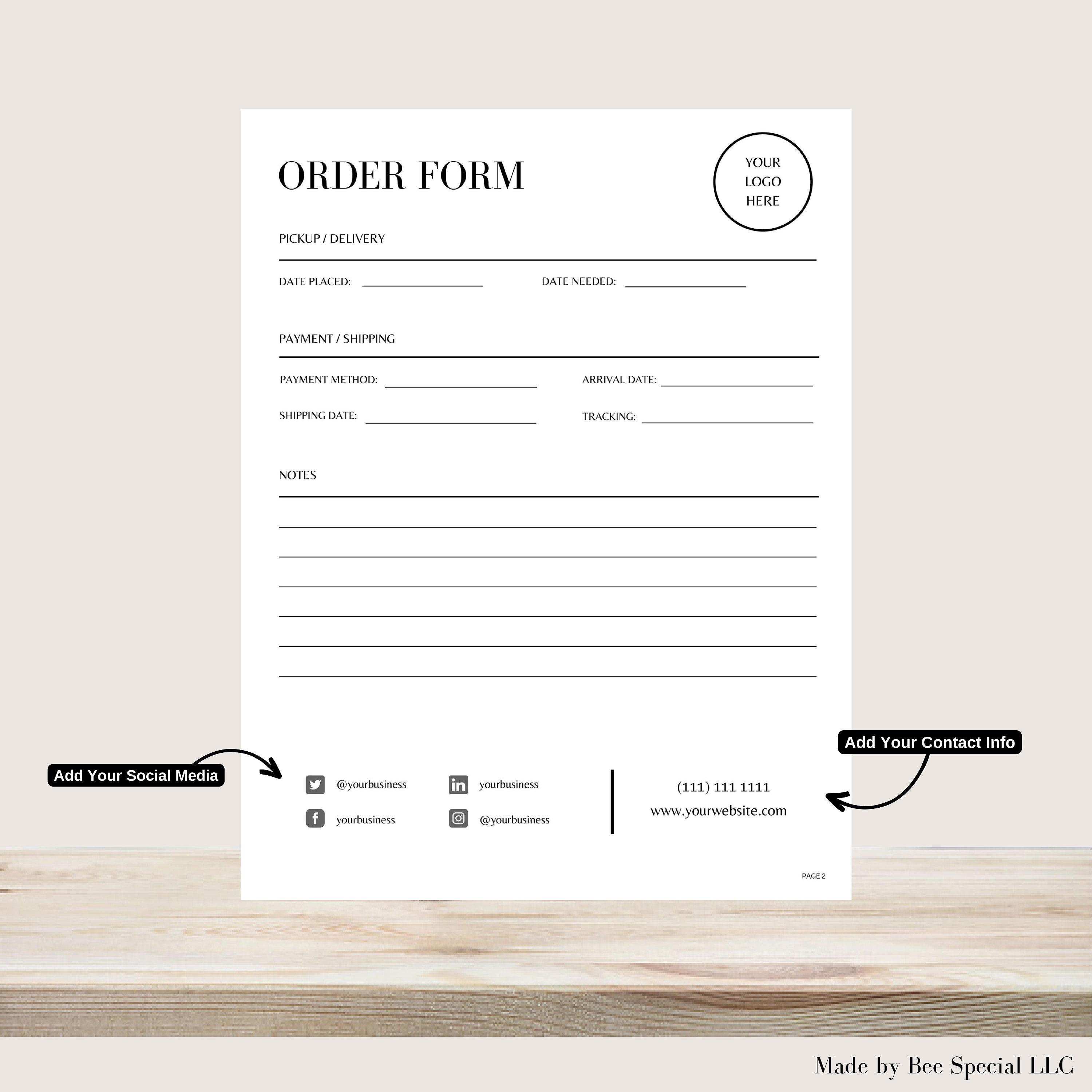 Large Order Form Template, Order Tracker, Purchase Order Form, Custom ...