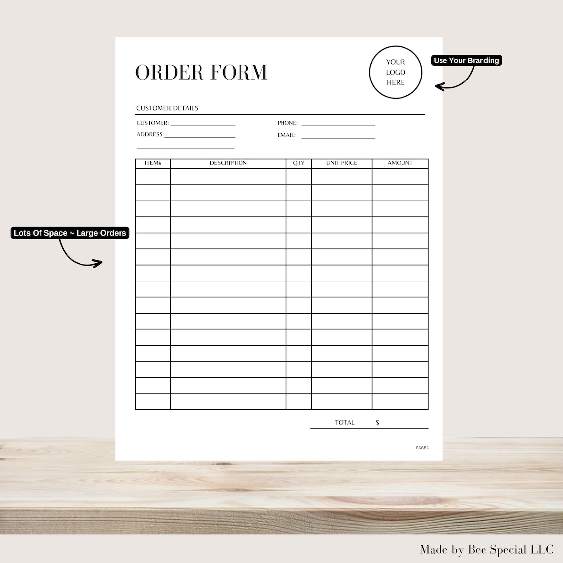 Large Order Form Template, Order Tracker, Purchase Order Form, Custom ...