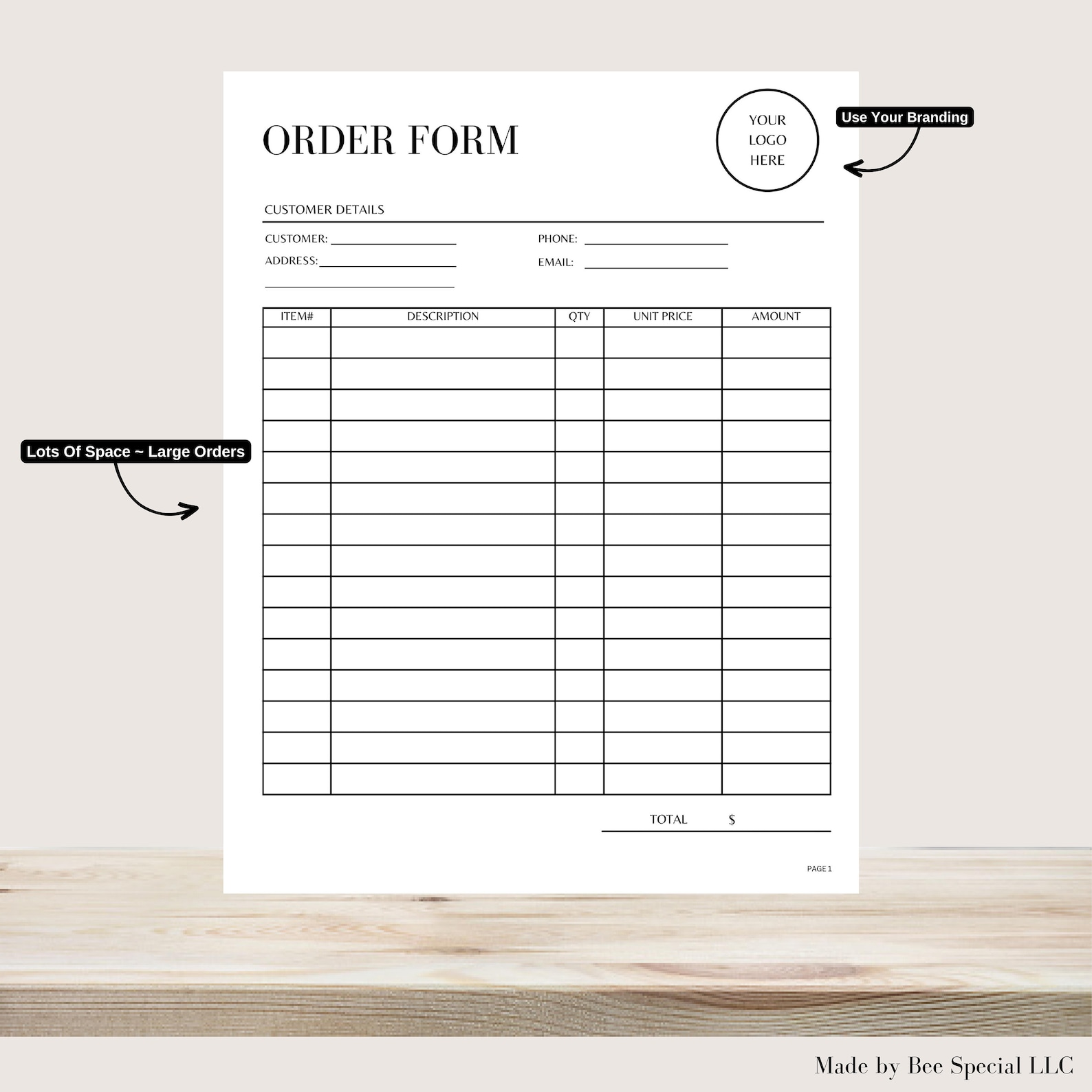 Large Order Form Template, Order Tracker, Purchase Order Form, Custom ...