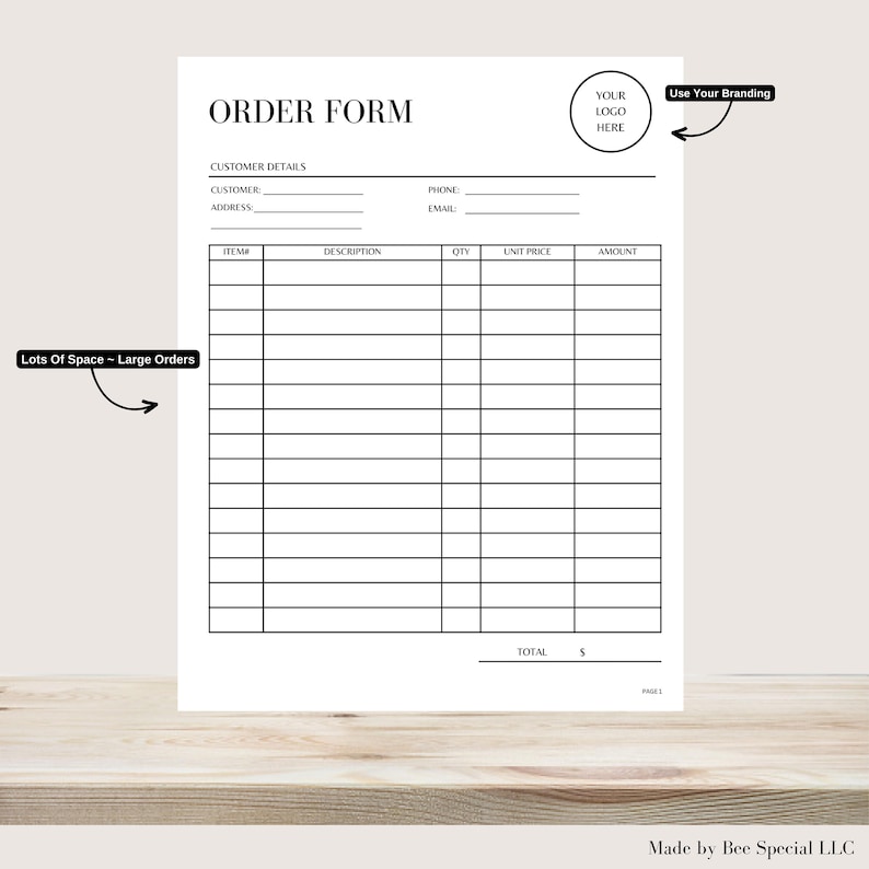 Large Order Form Template, Order Tracker, Purchase Order Form, Custom ...