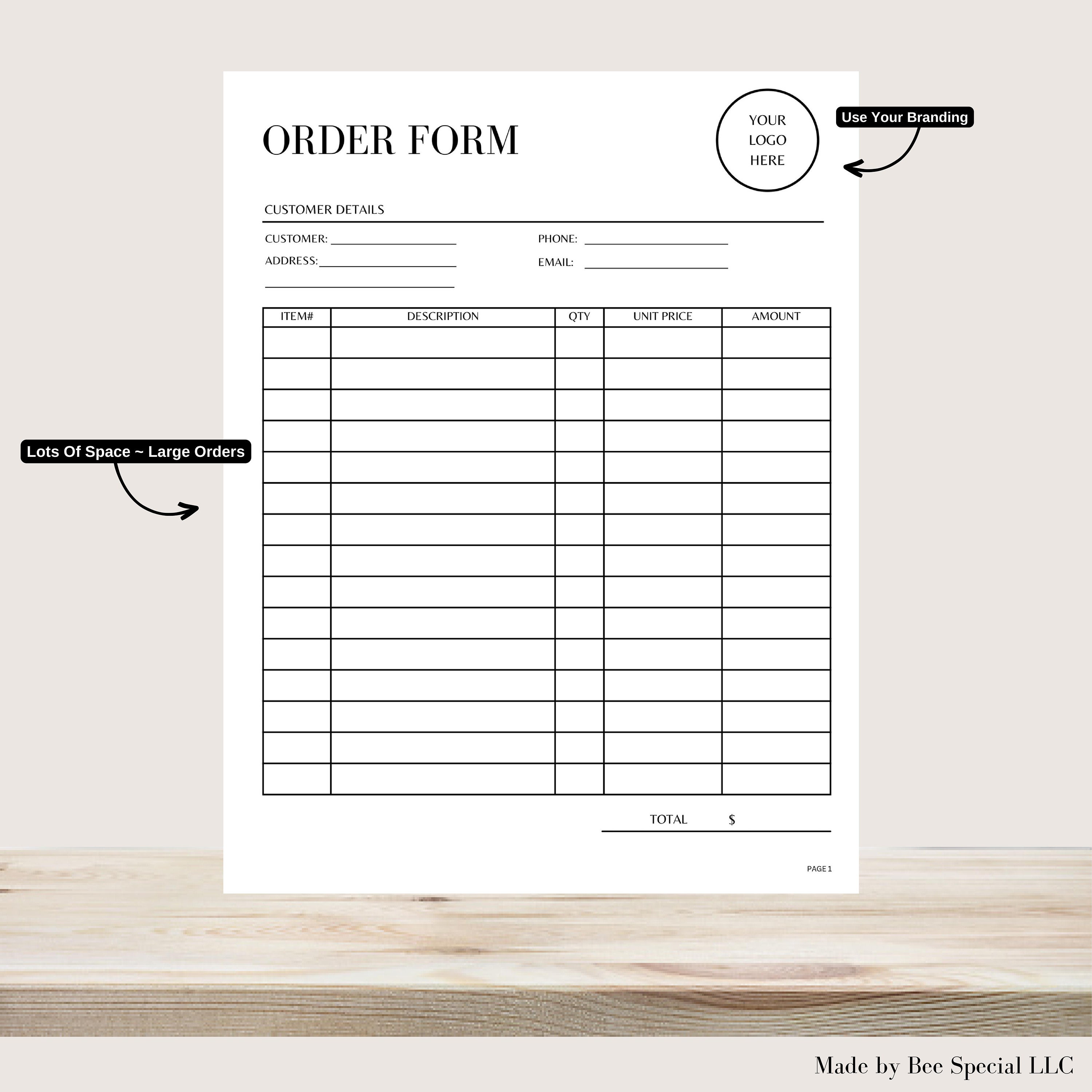 Large Order Form Template, Order Tracker, Purchase Order Form, Custom ...