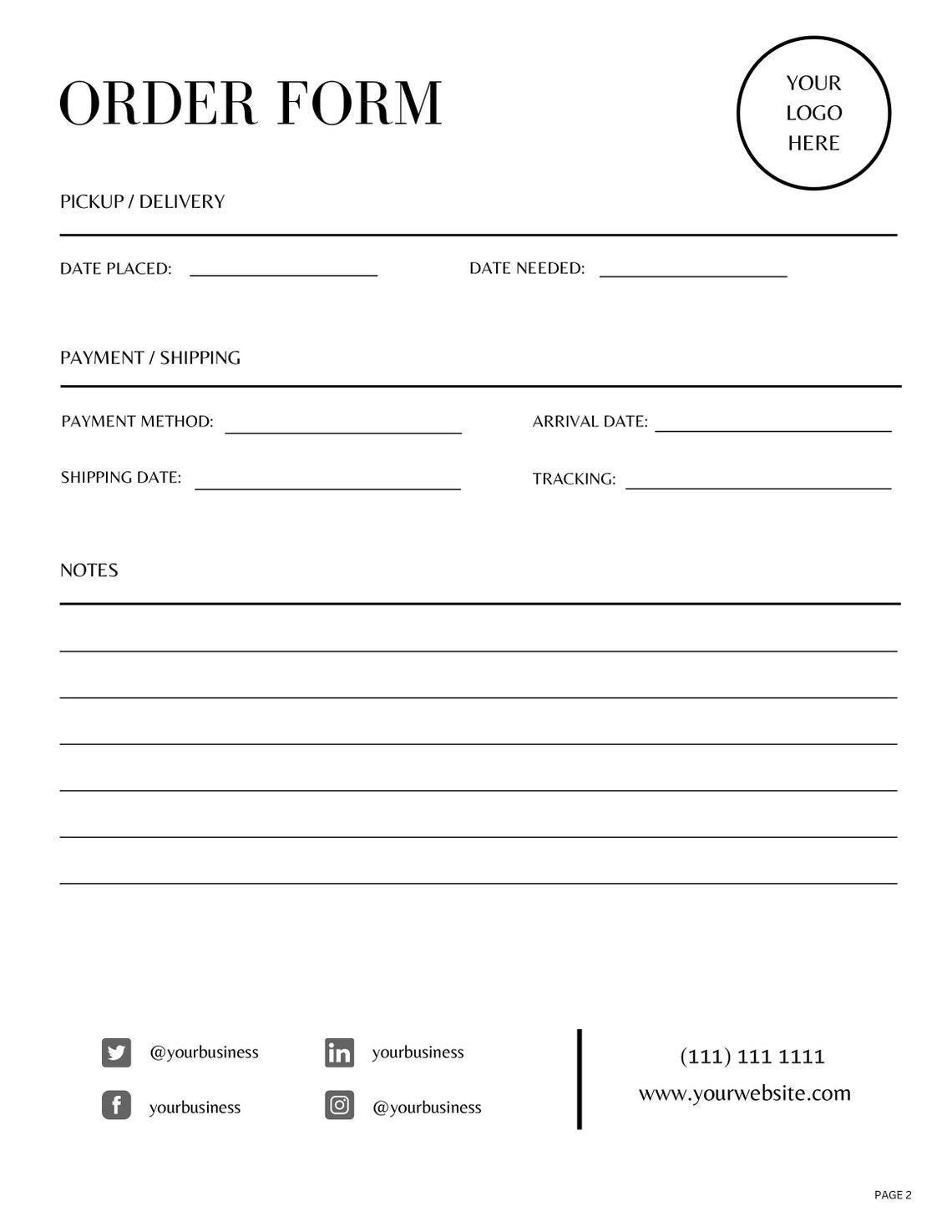 Large Order Form Template, Order Tracker, Purchase Order Form, Custom ...