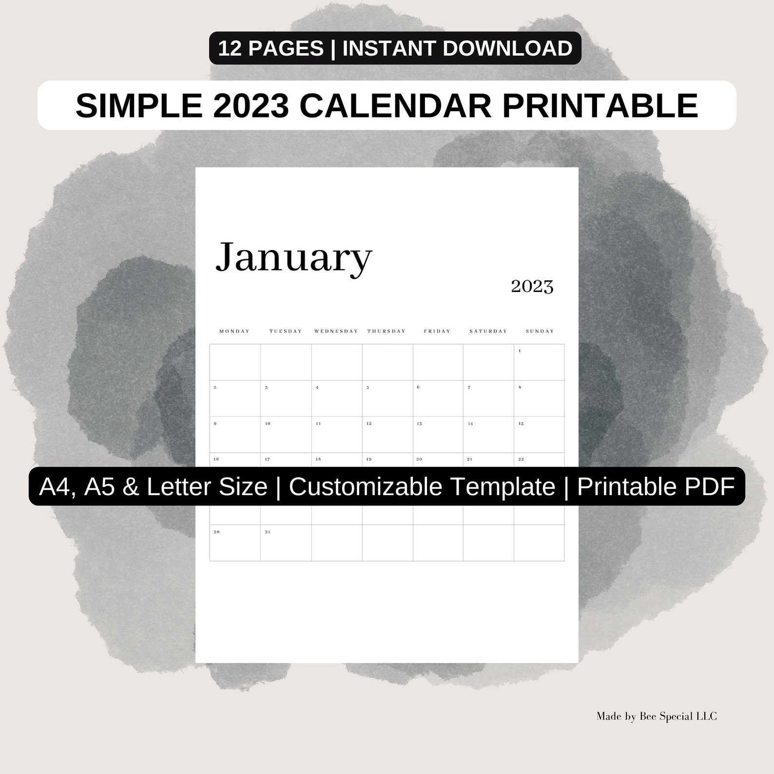 Simple 2023 Calendar Editable Calendar Printable Calendars - Etsy