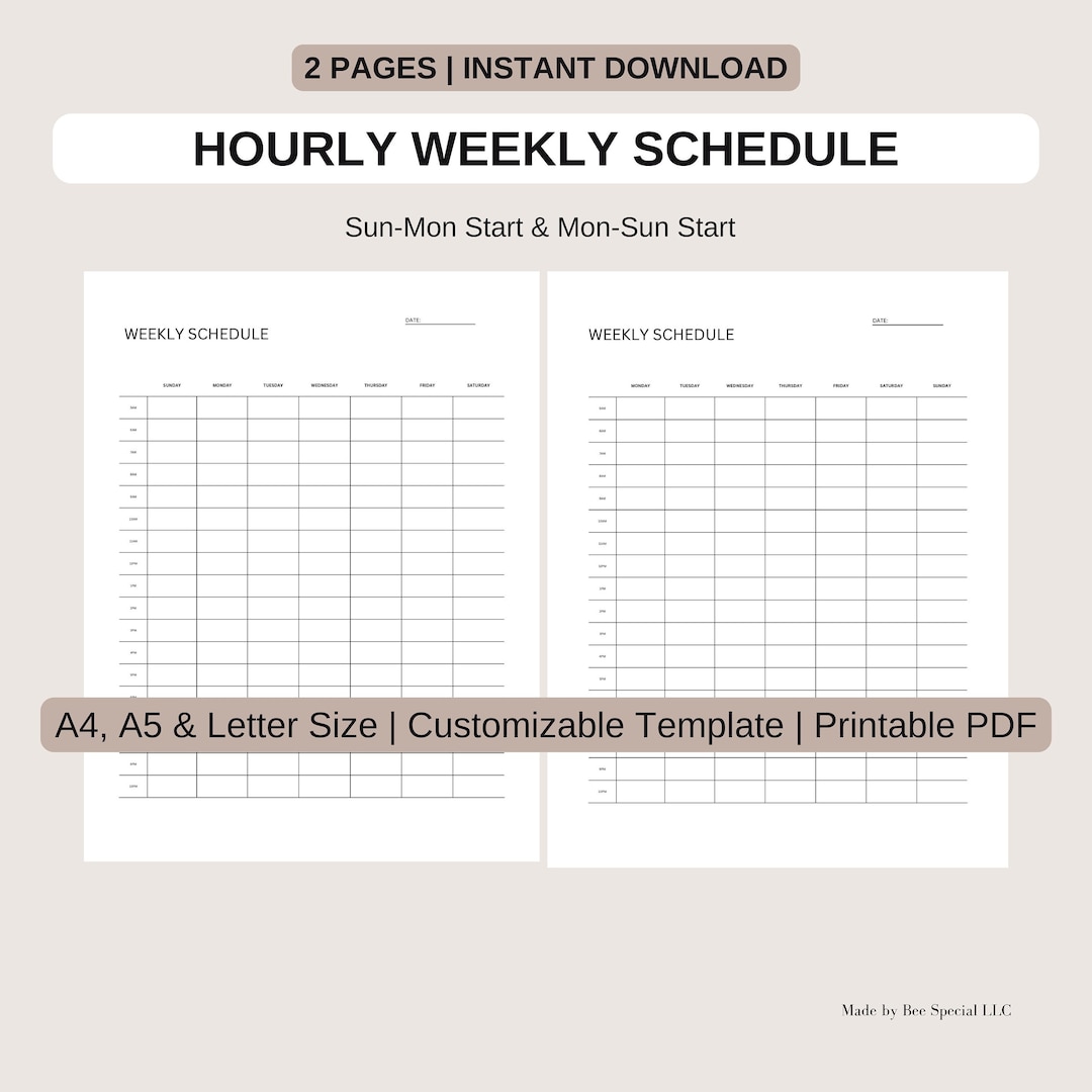Hourly Weekly Schedule, Weekly Planner Printable, Week at a Glance ...