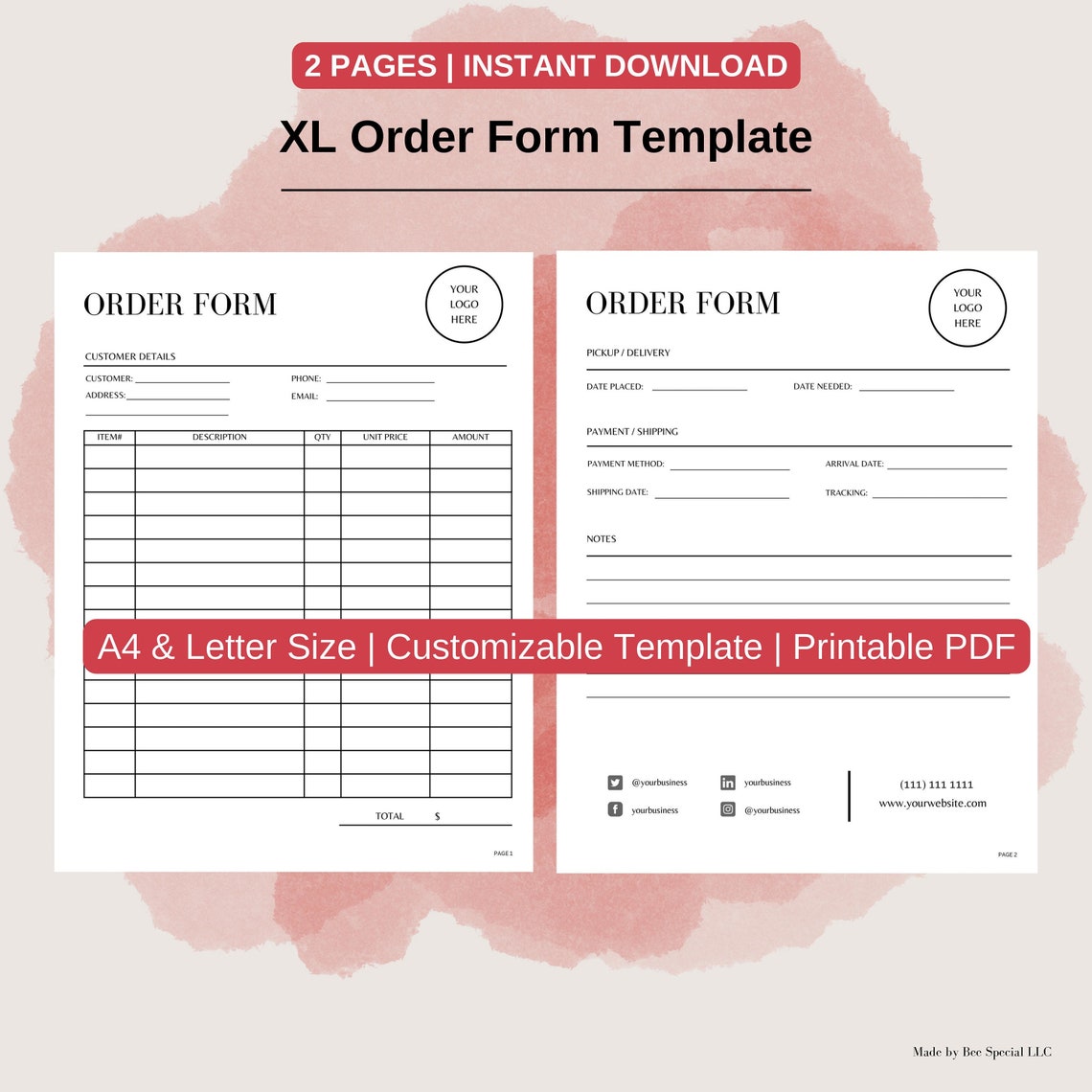 Large Order Form Template, Order Tracker, Purchase Order Form, Custom ...
