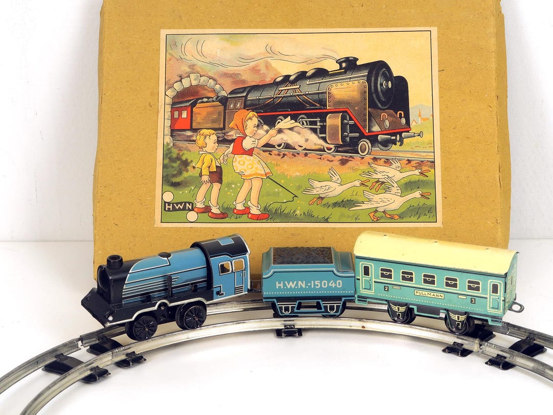 Vintage Tin Toy Train Set HWN West Germany U.S. Zone Mechanical 40s 50s ...