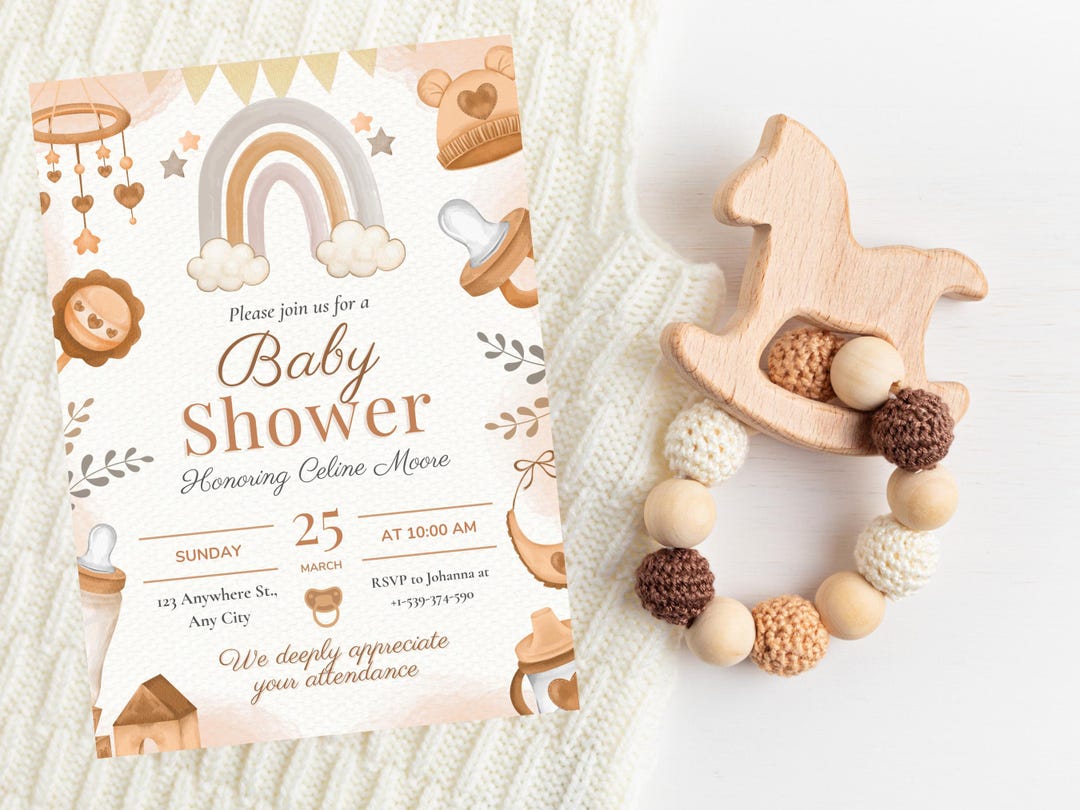 Editable Brown Baby Shower Invitation, Gender Neutral Baby Shower ...
