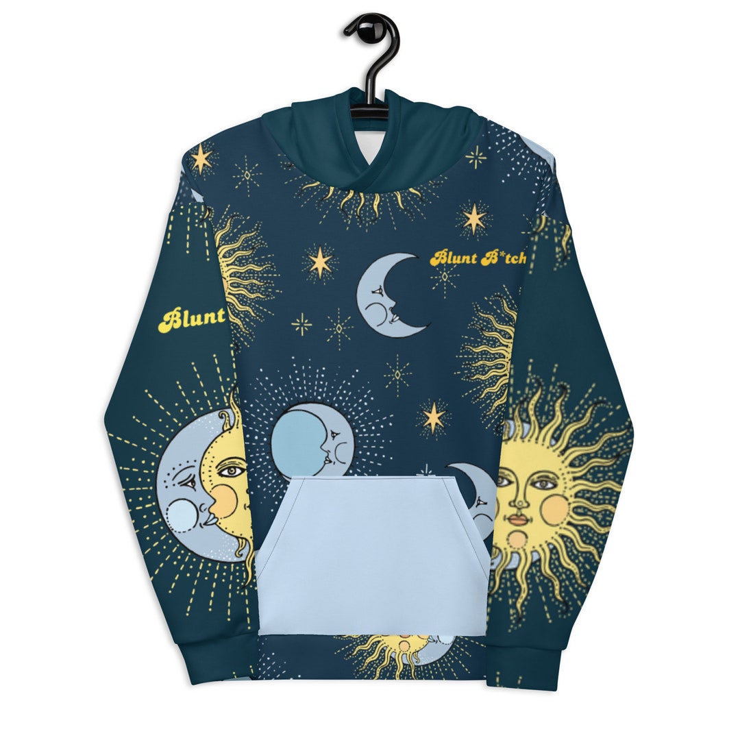 Cute Blue Hoodie for Women 90s Sun & Moon Design Handmade Comfy Hoodie ...
