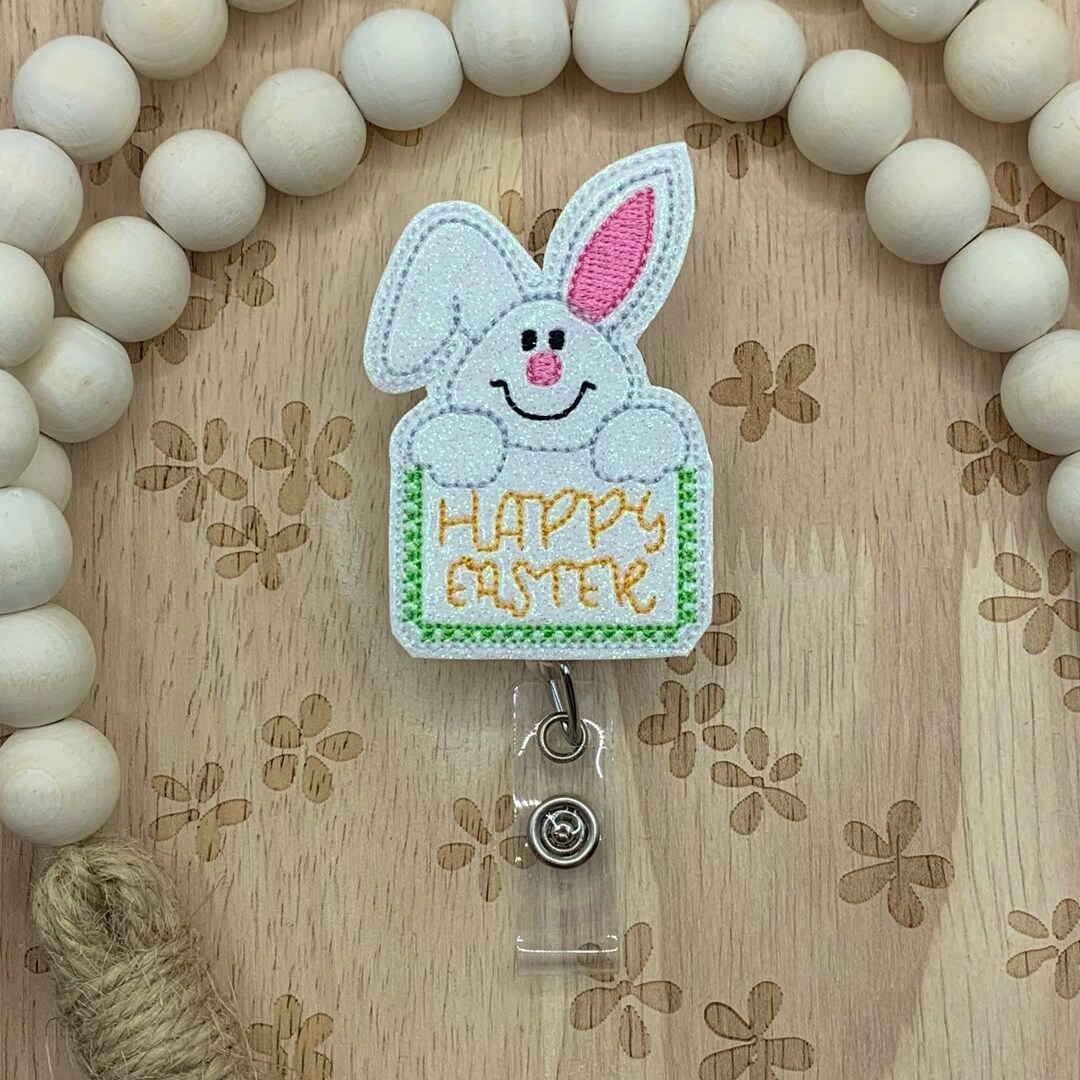 Happy Easter Sign Badge Reel, Bunny Badge Reel, Spring Badge Reel ...