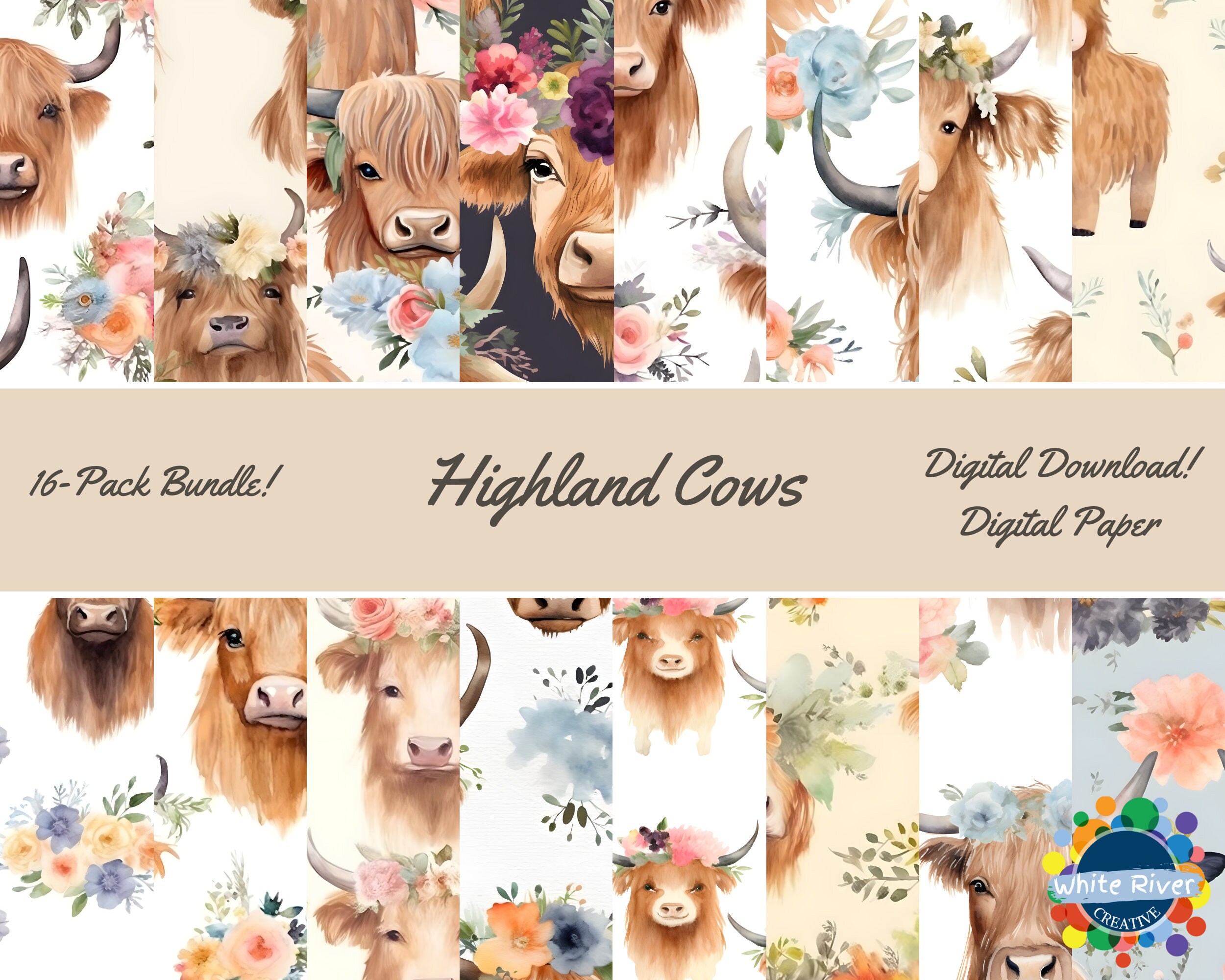 16-pack Highland Cows Digital Printable Paper, Seamless Patterns ...