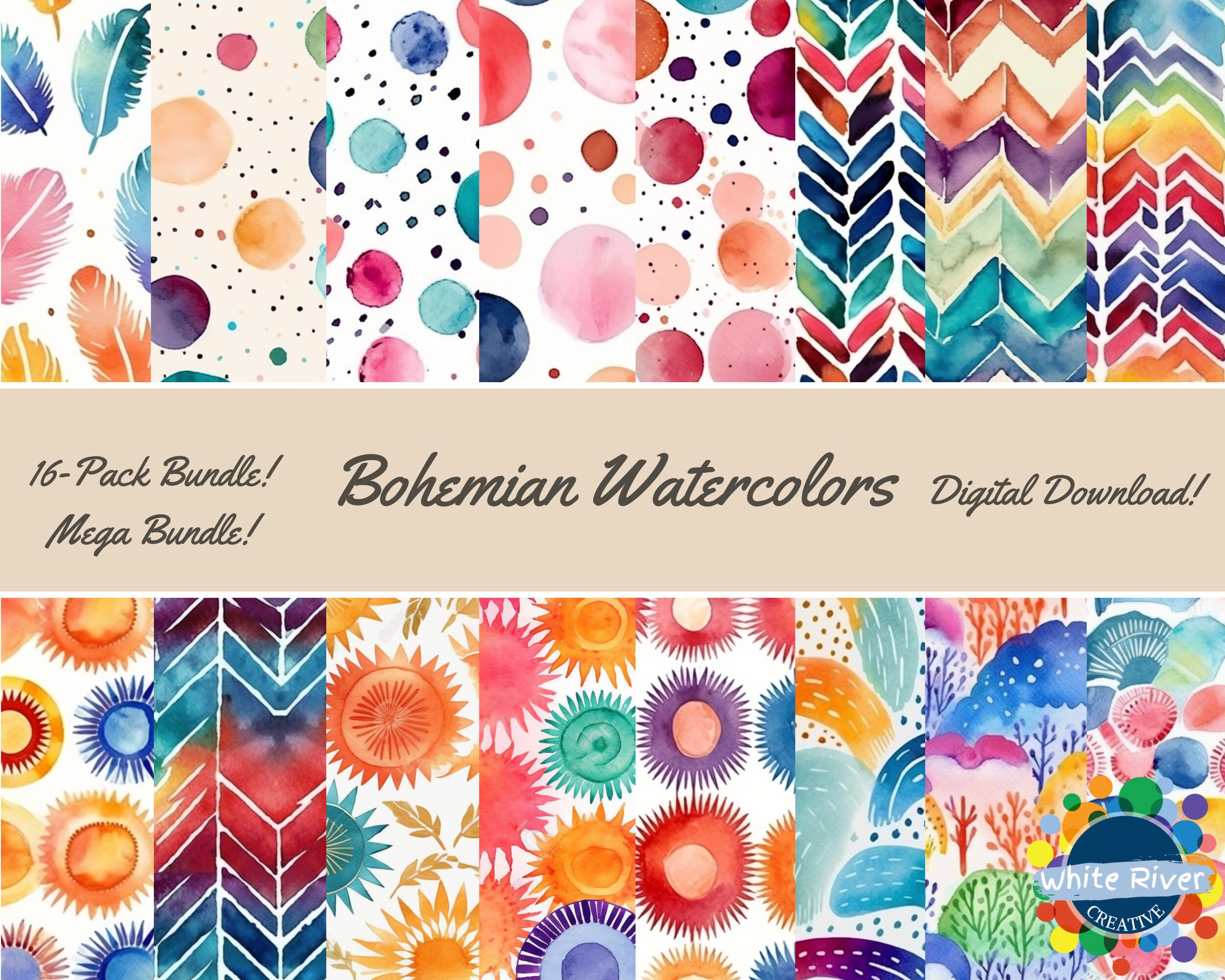 16-mega Pack Bohemian Watercolors, Colorful Seamless Patterns, Digital ...