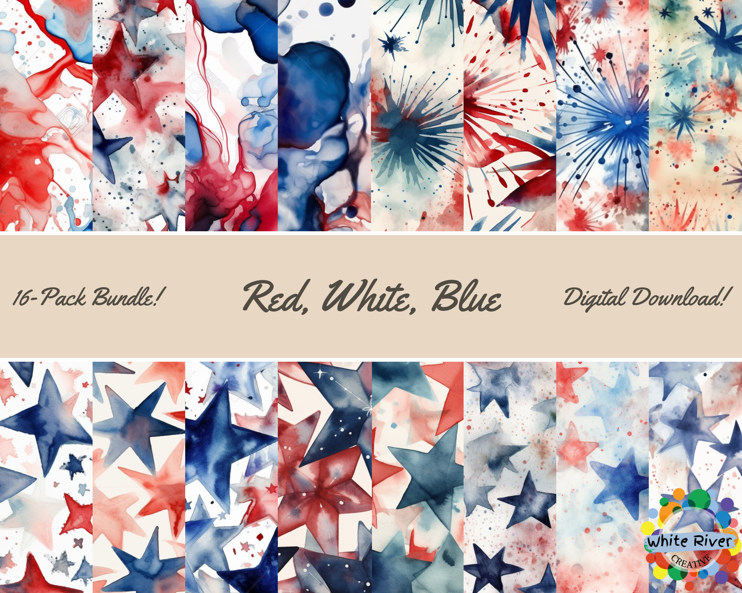 Patriotic Seamless Pattern Digital Paper Set 16-pack Red White Blue ...