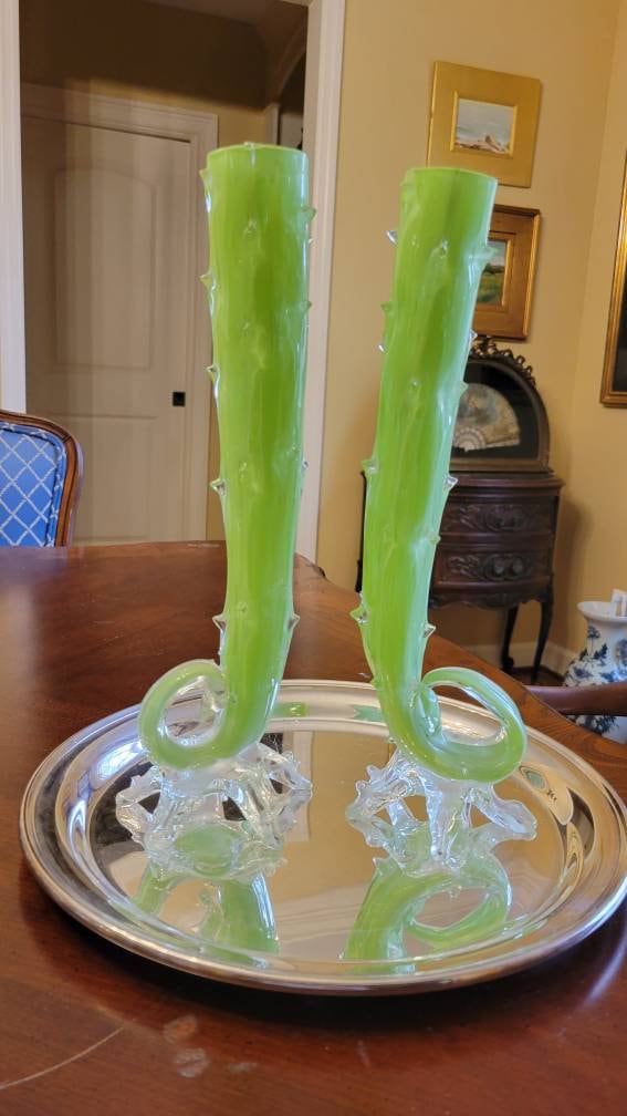 Victorian Green Cased Glass Thorn Vases Set of 2 - Etsy Australia