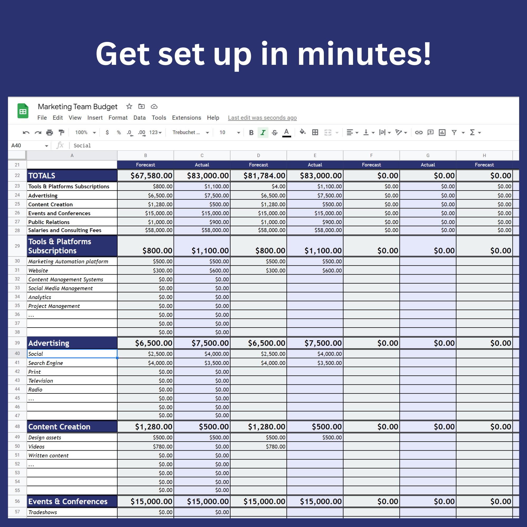 Marketing Team Annual Budget Spreadsheet - Etsy