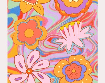 Retro Flower Design, Flowers and Mushrooms, Colorful Art, Groovy ...