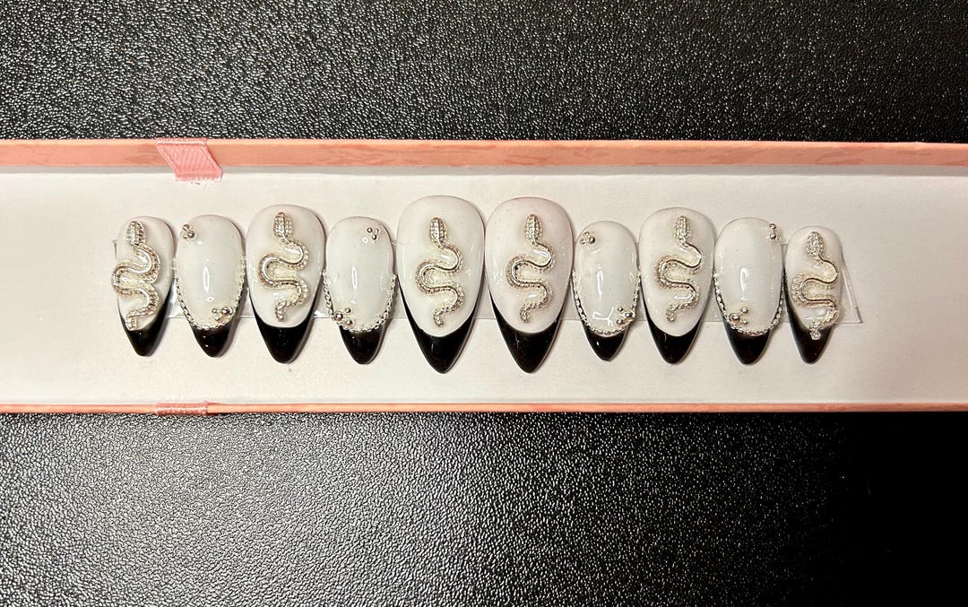 White and Black French Tip Snake Press on Nails, Halloween Nails, Snake ...