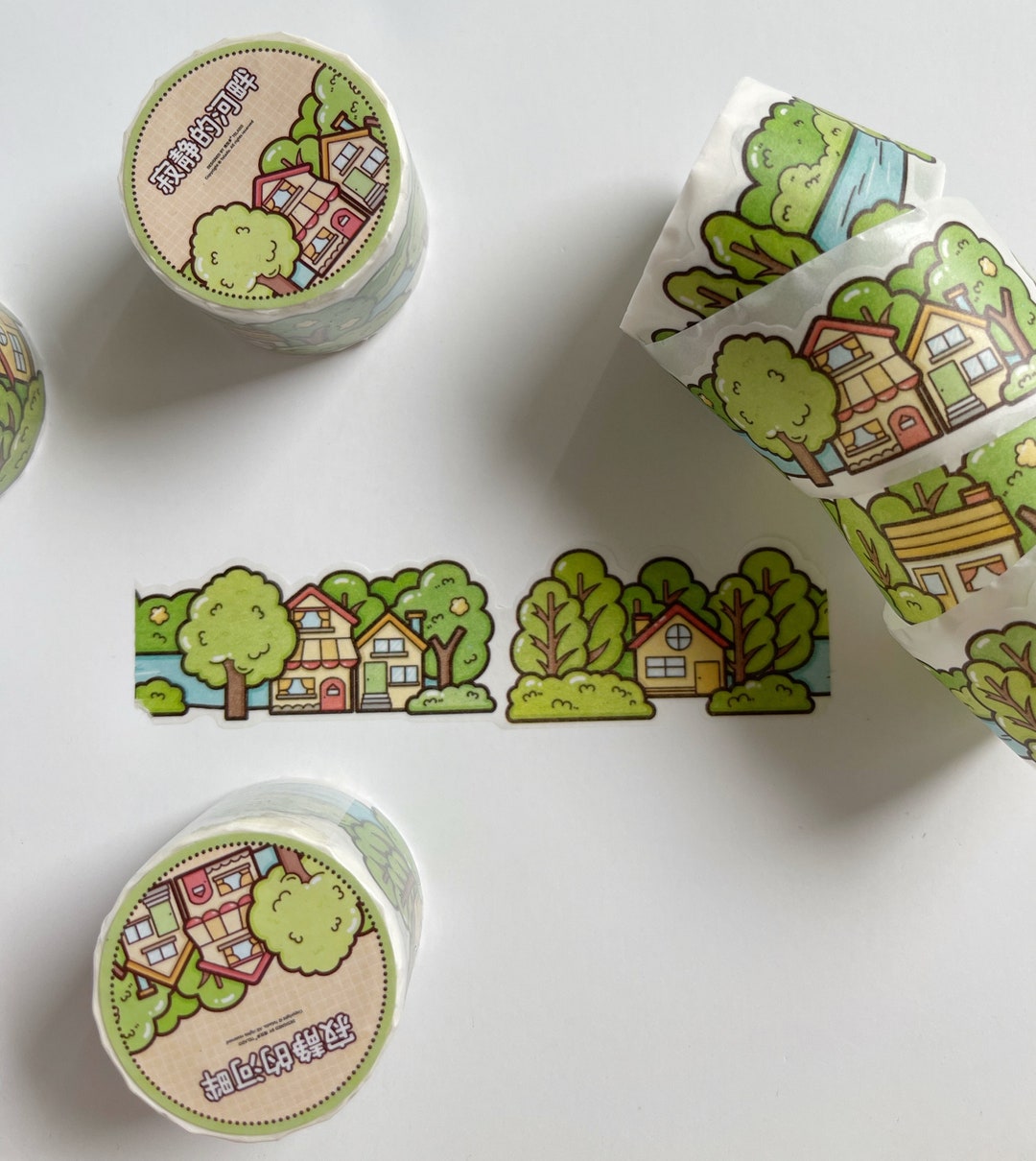 Green Landscape Spring Washi Tape - Trees and Houses Scenery ...