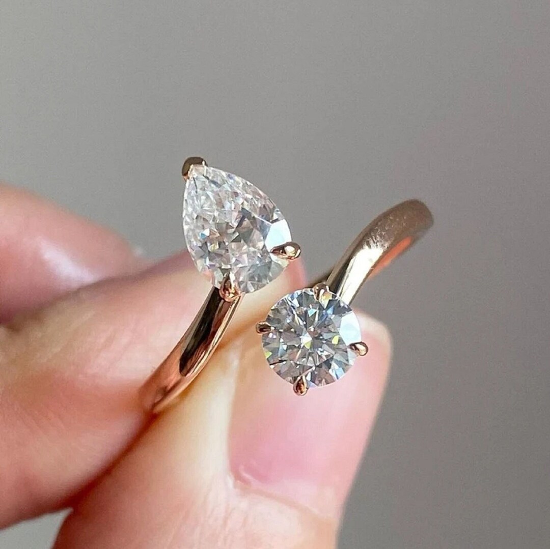 Toi Et Moi Ring, Pear & Round Cut Moissanite Engagement Ring, Two Stone ...