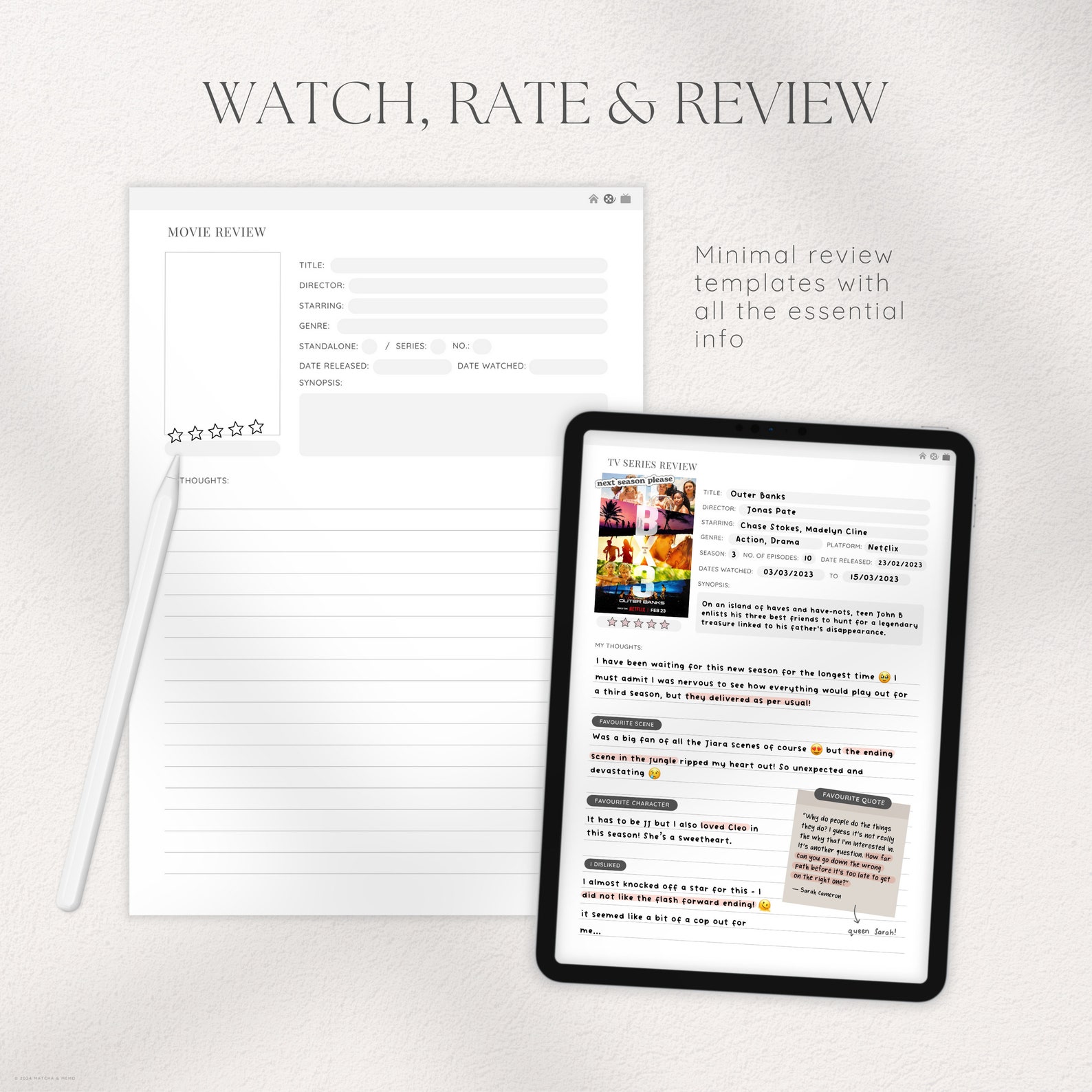 Digital Movies & Series Journal, Digital Movie TV Show Planner, Movie TV Show Review Template ...