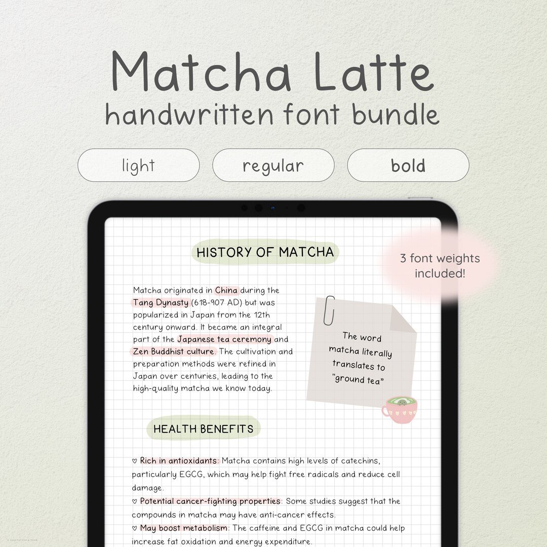 Matcha Latte Handwritten Font Bundle, Digital Planner Fonts, Cute Font ...