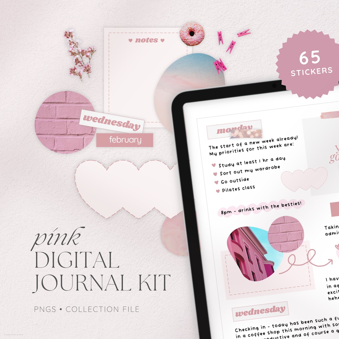 Pink Aesthetic Digital Journal Kit, Cute Girly Aesthetic Stickers for ...