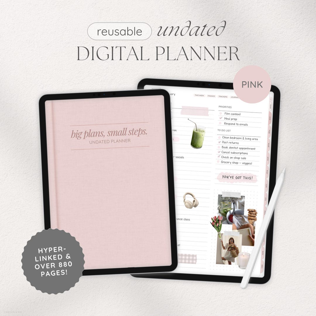 Pink Undated Digital Planner Daily, Weekly & Monthly Planner Self Care ...