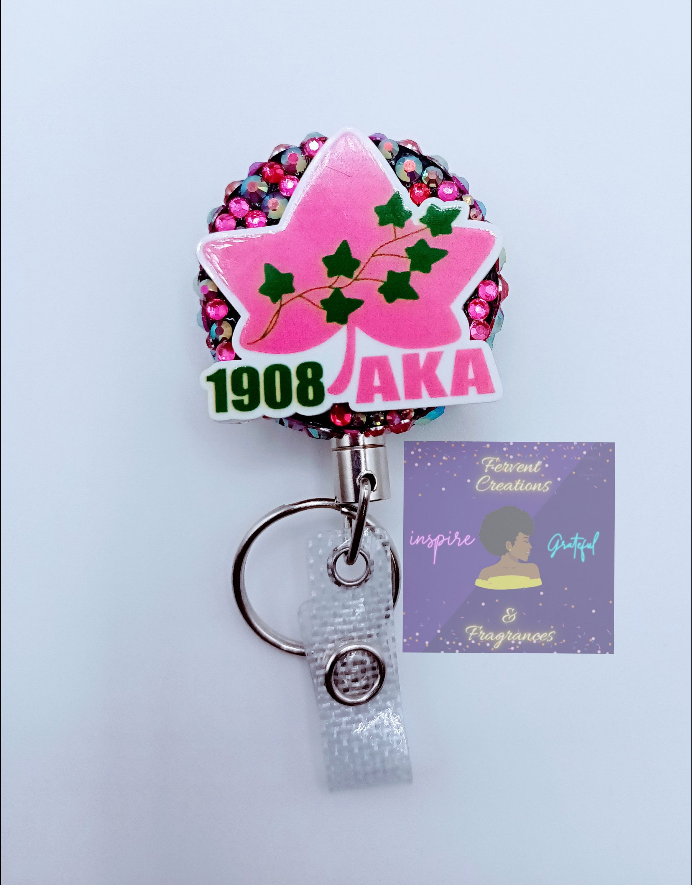 Custom Large Bling Pink and Green Retractable Badge Reel| Sorority ...