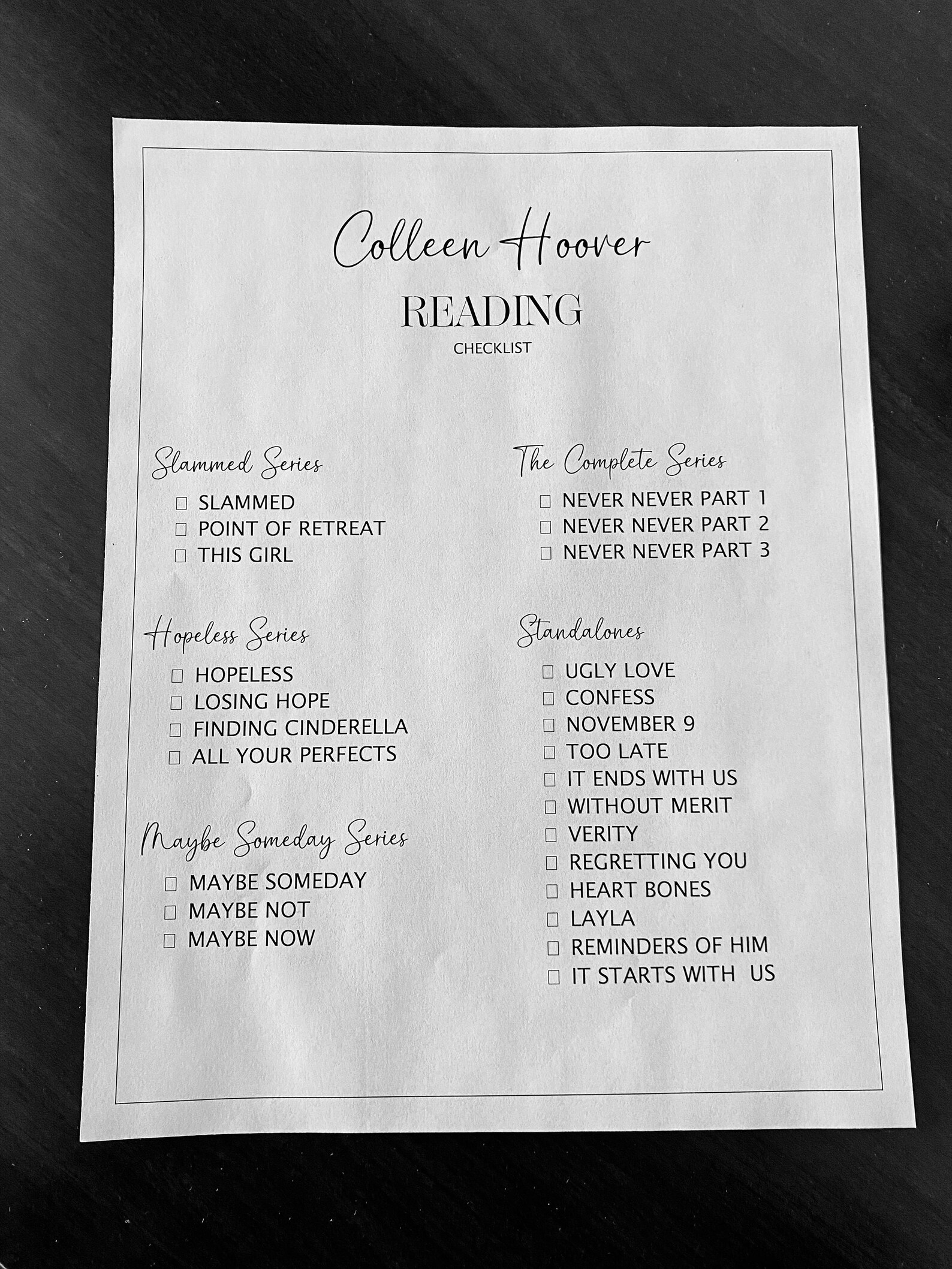 Colleen Hoover Checklist - Etsy