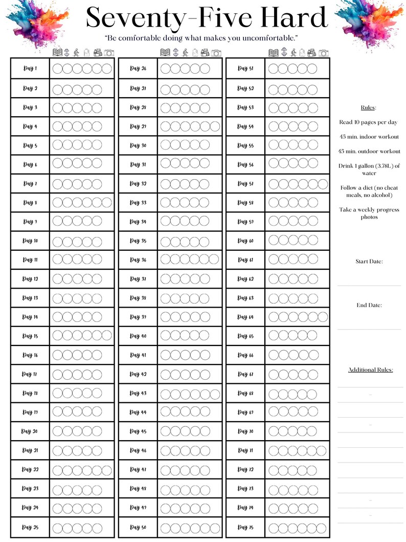 75 HARD TEMPLATE (with Motivational Quote and Checklist) - Etsy
