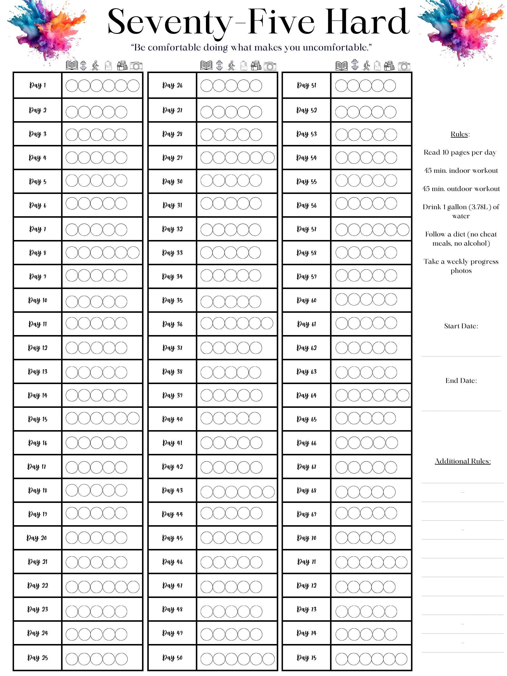 75 HARD TEMPLATE (with Motivational Quote and Checklist) - Etsy