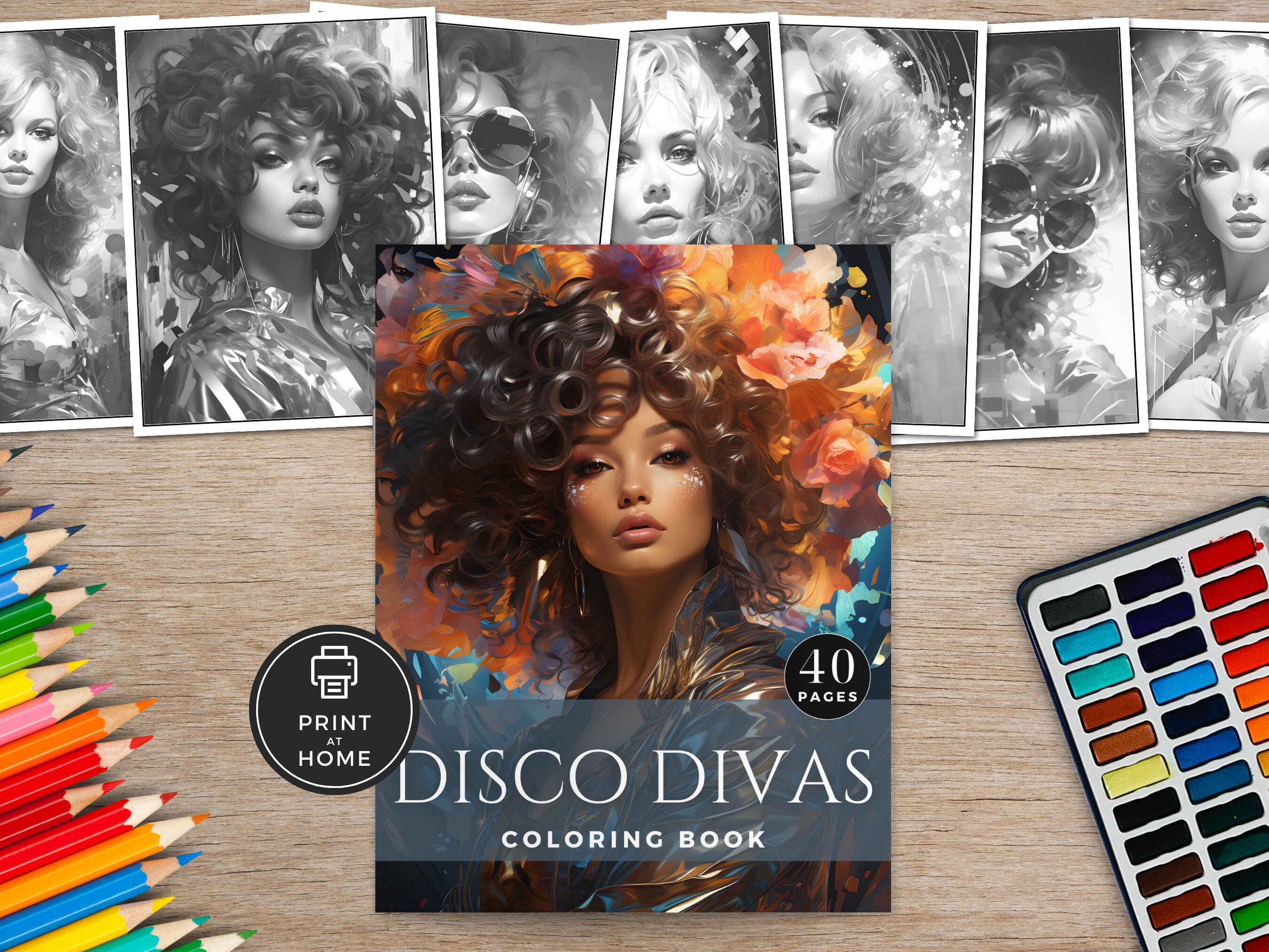 Disco Divas Coloring Pages, 70s Retro Dancing Queens, Groovy Art, Printable Book, Greyscale ...