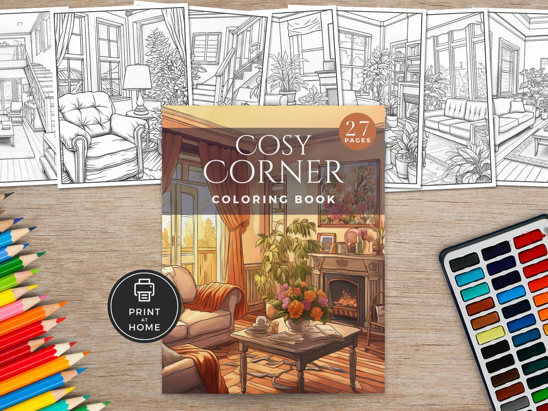 Home Interior Coloring Pages, Printable Book, Relaxing Illustration ...
