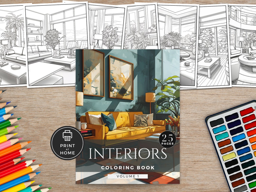 Interiors Coloring Pages, Modern Rooms Printable Book, Mid-century ...