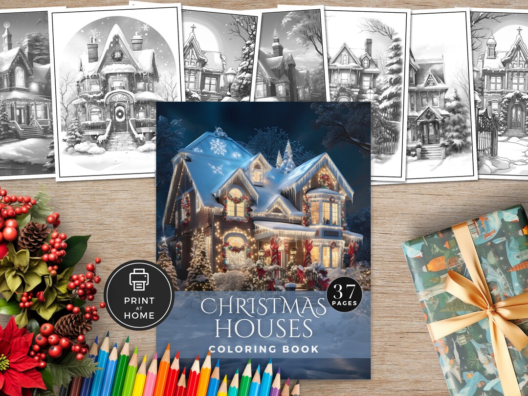 Christmas House Coloring Pages Festive Homes Holiday - Etsy