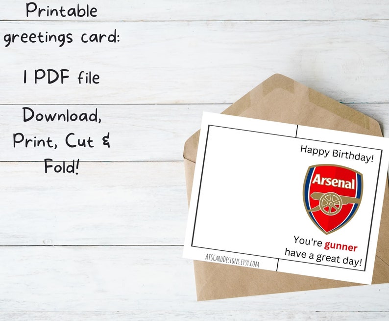 Printable Arsenal Birthday Card, Instant Download, 7x5 Inch Card ...