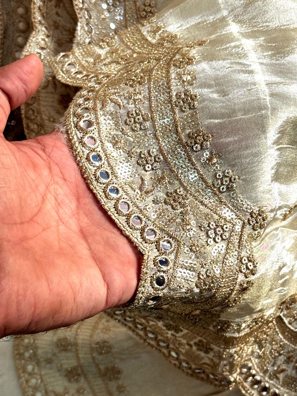 Golden Tissue Silk Dupatta: Zari & Mirror Embroidery, Bridal Wear ...