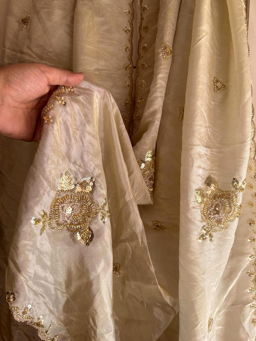 Golden Tissue Silk Dupatta: Beads & Sequins Embroidery, Bridal Wear - Etsy