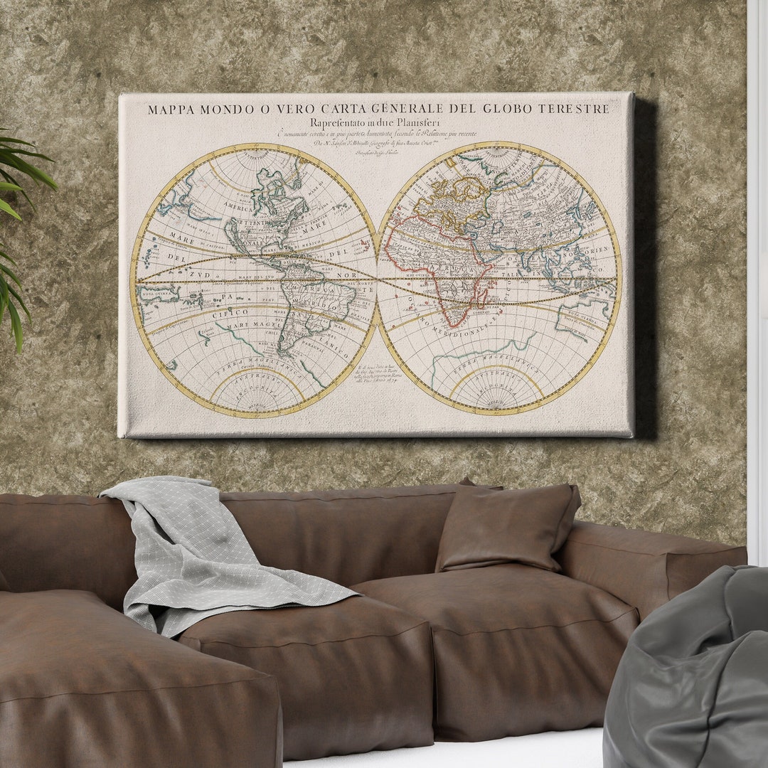 Two Hemispheres Old World Map Canvas , World Map Wall Art, Vintage ...