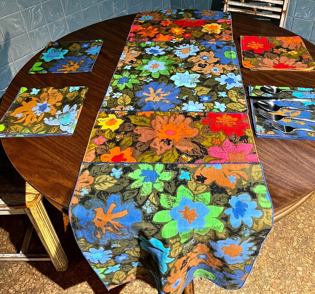 Sixties Batik Style Flower Power Table Runner and Four Napkins - Etsy
